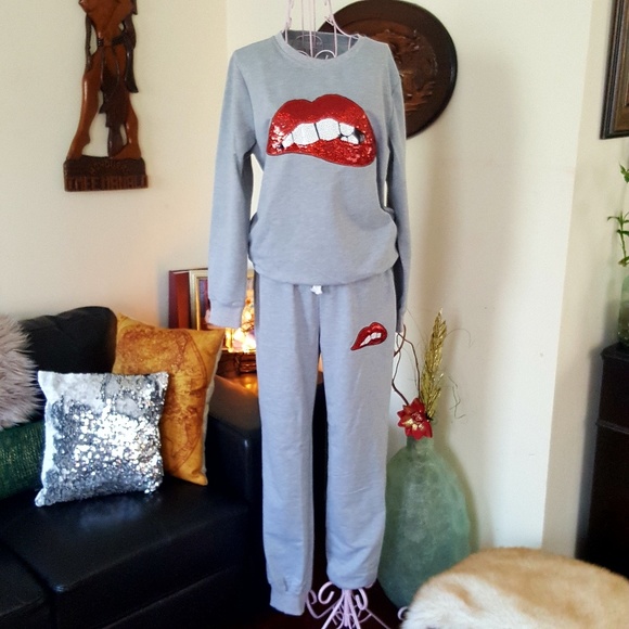 Pants & Jumpsuits | Sequin Lip Sweat Suit Gray | Poshmark